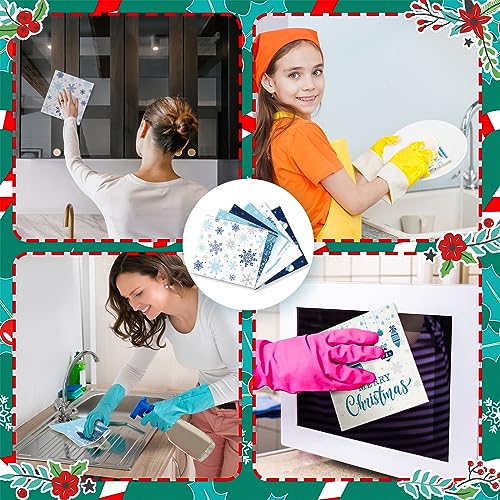 6 Pcs Christmas Swedish Kitchen Dishcloths White Blue Xmas Tree Snowflake Snowman Reindeer Dish Towel Reusable Fast Dry Kitchen Dishcloth for Christmas Winter Baking Cooking, 6.9 x 7.5 Inch