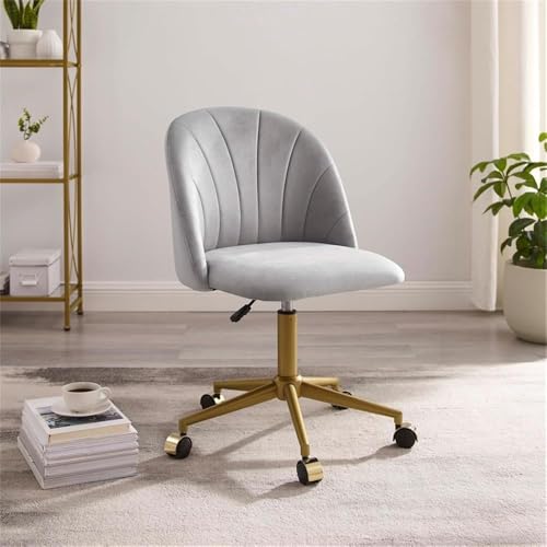 Pemberly Row Upholstered Adjustable Swivel Desk Chair Gold Legs in Light Gray