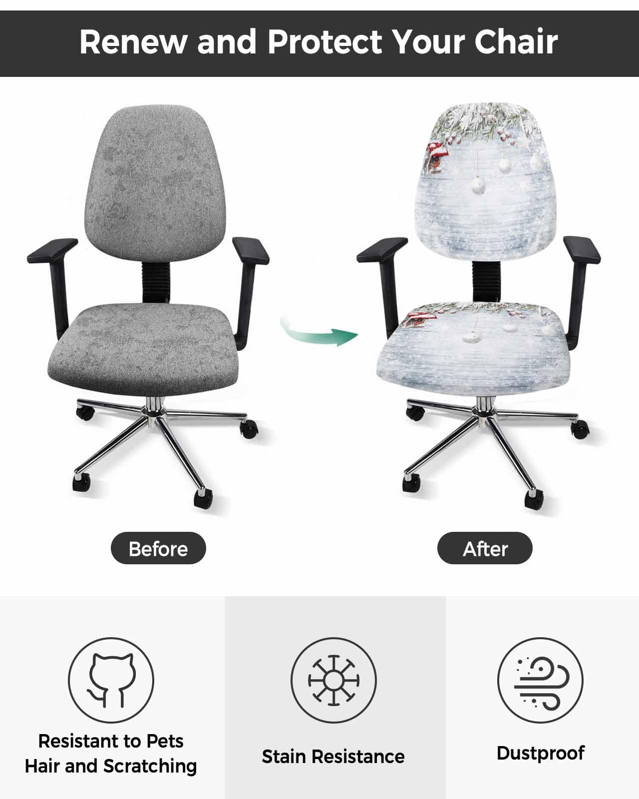 Christmas Ball Office Chair Cover Stretchable Computer Chair Seat Cover Backrest Slipcovers, Stretchable Rotating Desk Chair Seat Cushion Split Protectors Winter Snowy Pine Tree Leaves Farmhouse