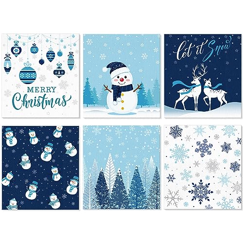 6 Pcs Christmas Swedish Kitchen Dishcloths White Blue Xmas Tree Snowflake Snowman Reindeer Dish Towel Reusable Fast Dry Kitchen Dishcloth for Christmas Winter Baking Cooking, 6.9 x 7.5 Inch