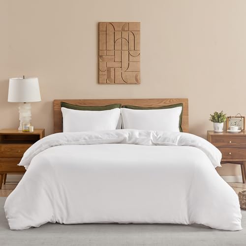 DAPU 100% Linen Duvet Cover Set - Pure Natural French Flax Linen with 8 Corner Ties and Zipper Closure Soft Breathable Durable for Hot Sleepers 1 Duvet Cover 2 Pillowcases (White, Queen)