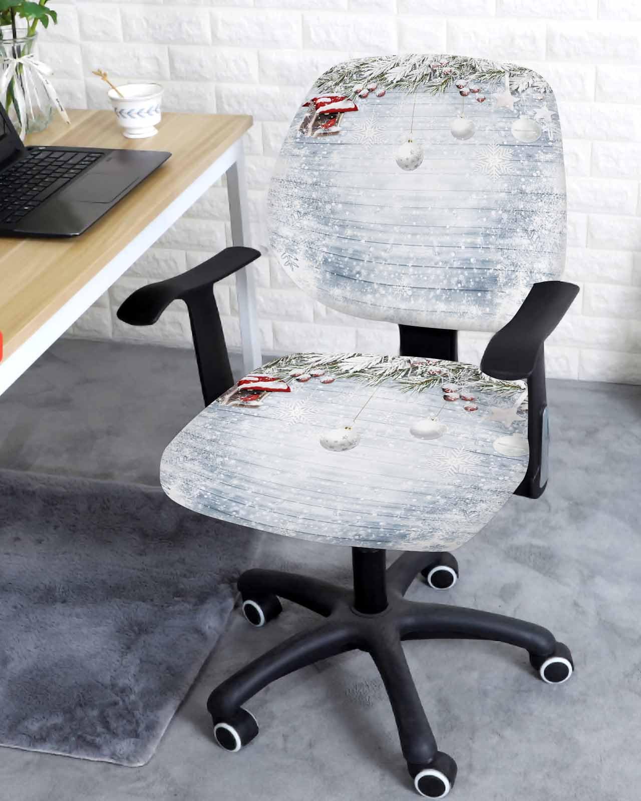 Christmas Ball Office Chair Cover Stretchable Computer Chair Seat Cover Backrest Slipcovers, Stretchable Rotating Desk Chair Seat Cushion Split Protectors Winter Snowy Pine Tree Leaves Farmhouse