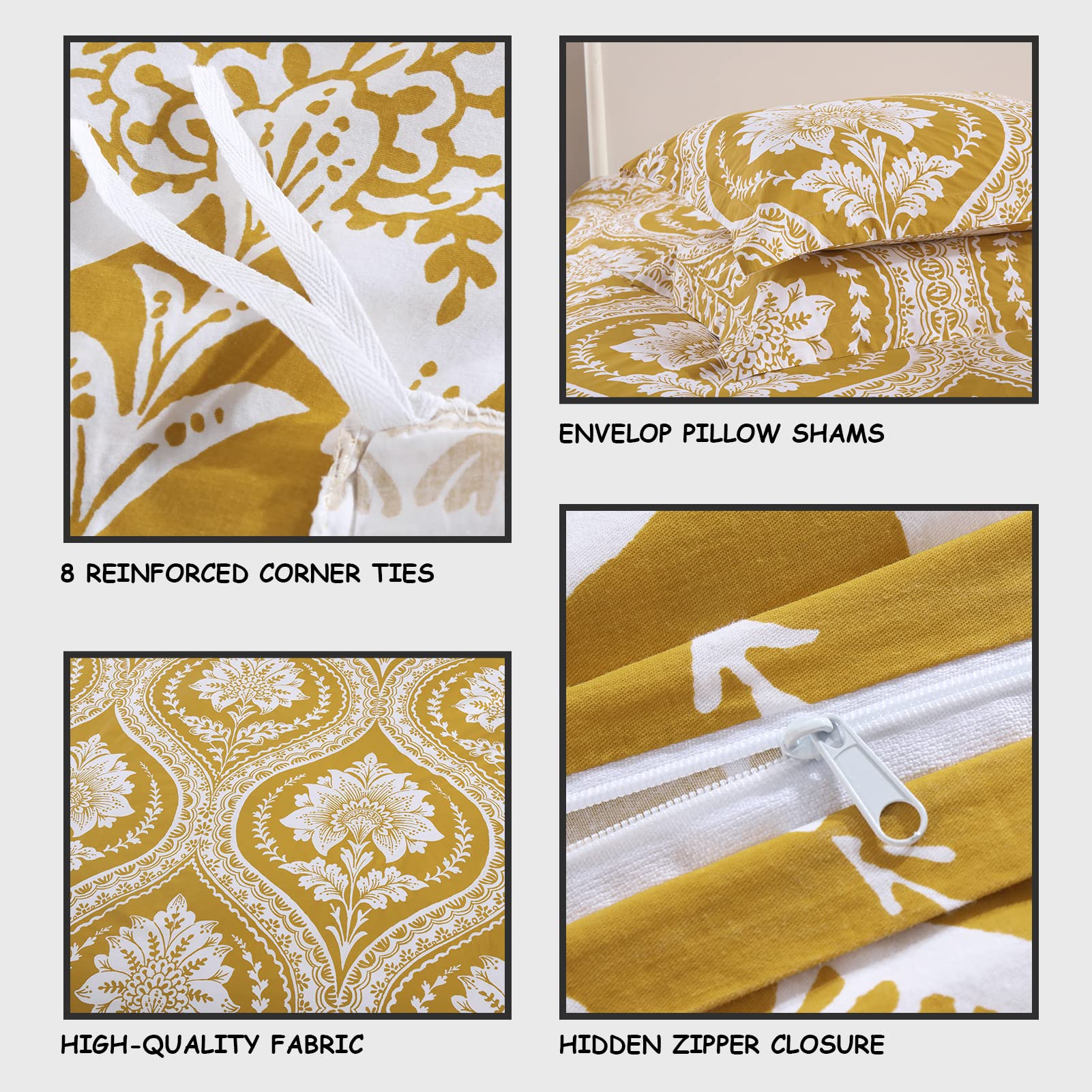 Bedduvit Yellow Damask Duvet Cover Queen Size - 100% Cotton Queen Fluffy Duvet Cover Set, Breathable Soft Paisley Pattern Bedding Comforter Cover with Zipper Closure & 8 Ties, 90"x90"
