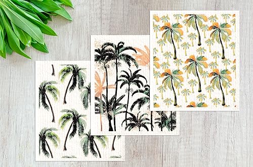 Swedish Dishcloths for Kitchen - Eco-Friendly Reusable Cleaning Cloths Alternative to Paper Towels - 100% Soft Organic Cotton Biodegradable Washable Cellulose Sponge Cloths (Palm Tree Designs, 5pc)