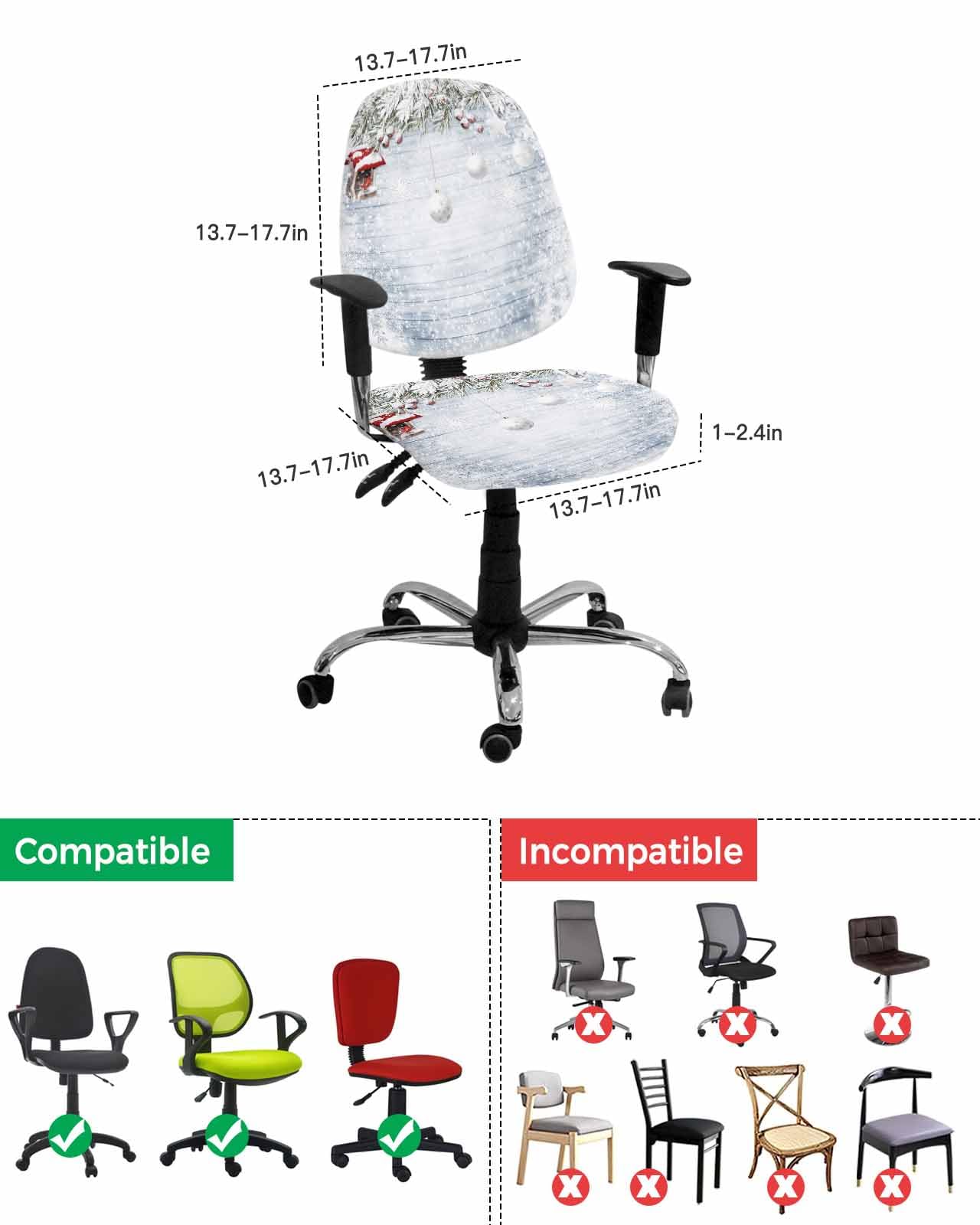 Christmas Ball Office Chair Cover Stretchable Computer Chair Seat Cover Backrest Slipcovers, Stretchable Rotating Desk Chair Seat Cushion Split Protectors Winter Snowy Pine Tree Leaves Farmhouse