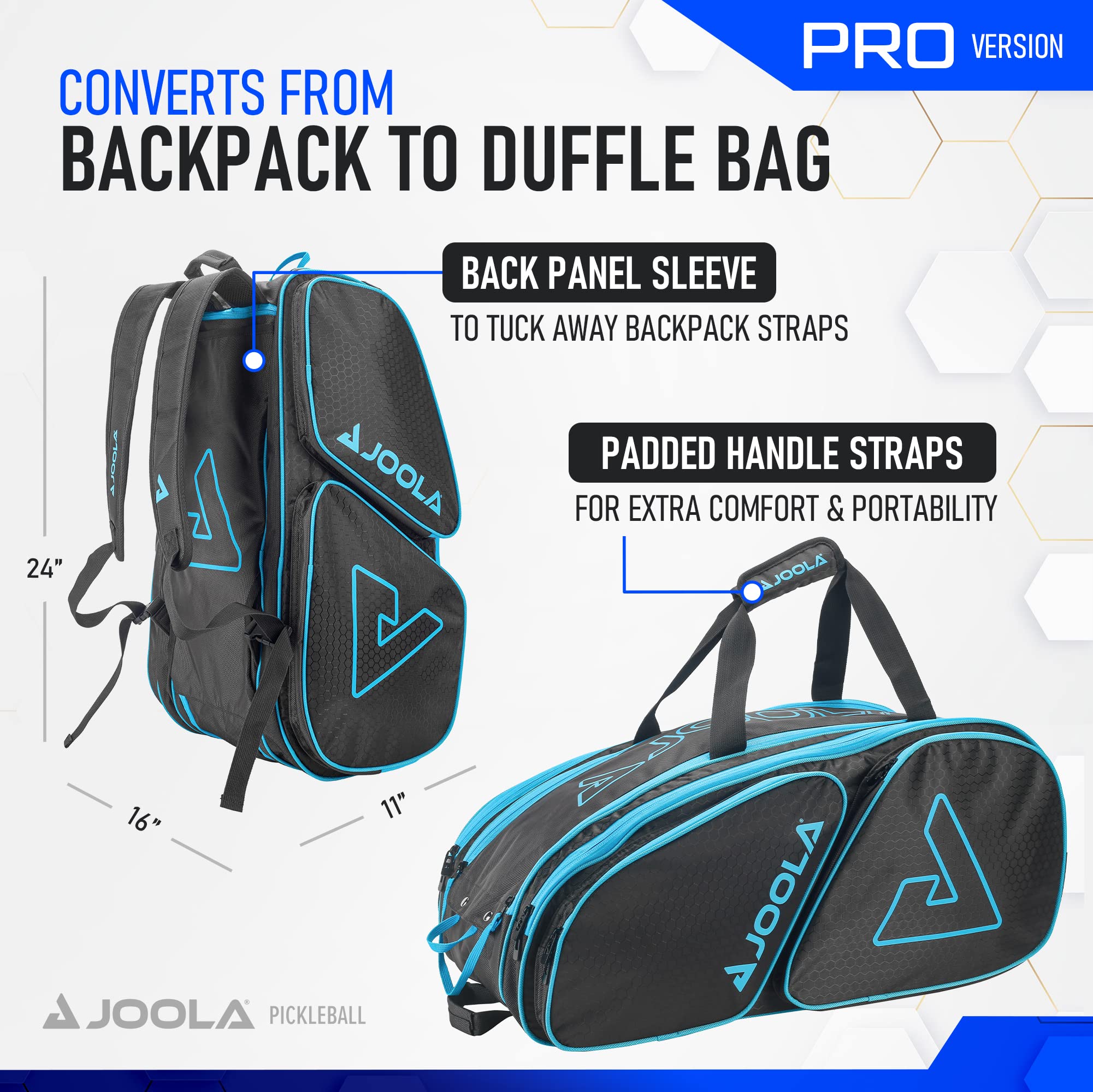 JOOLA Tour Elite Pro Pickleball Bag – Backpack & Duffle Bag for Paddles & Pickleball Accessories – Thermal Insulated Pockets Hold 4+ Paddles - Includes Fence Hook Black/Light Blue