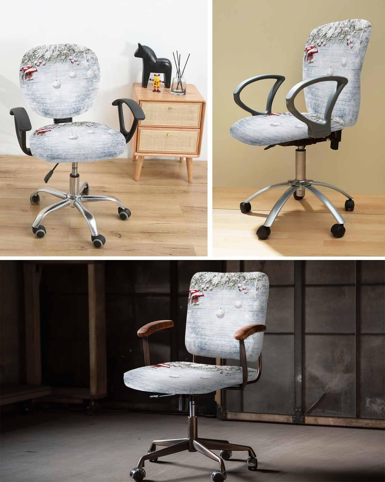 Christmas Ball Office Chair Cover Stretchable Computer Chair Seat Cover Backrest Slipcovers, Stretchable Rotating Desk Chair Seat Cushion Split Protectors Winter Snowy Pine Tree Leaves Farmhouse