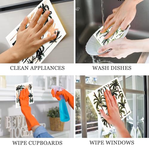 Swedish Dishcloths for Kitchen - Eco-Friendly Reusable Cleaning Cloths Alternative to Paper Towels - 100% Soft Organic Cotton Biodegradable Washable Cellulose Sponge Cloths (Palm Tree Designs, 5pc)