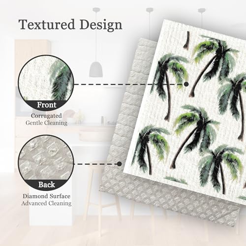 Swedish Dishcloths for Kitchen - Eco-Friendly Reusable Cleaning Cloths Alternative to Paper Towels - 100% Soft Organic Cotton Biodegradable Washable Cellulose Sponge Cloths (Palm Tree Designs, 5pc)