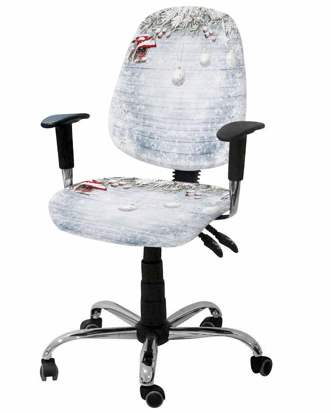 Christmas Ball Office Chair Cover Stretchable Computer Chair Seat Cover Backrest Slipcovers, Stretchable Rotating Desk Chair Seat Cushion Split Protectors Winter Snowy Pine Tree Leaves Farmhouse