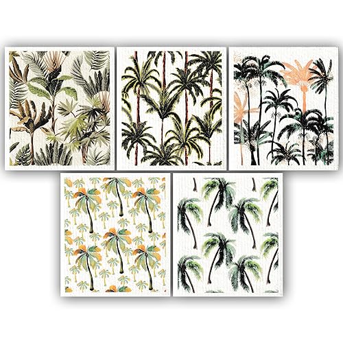 Swedish Dishcloths for Kitchen - Eco-Friendly Reusable Cleaning Cloths Alternative to Paper Towels - 100% Soft Organic Cotton Biodegradable Washable Cellulose Sponge Cloths (Palm Tree Designs, 5pc)