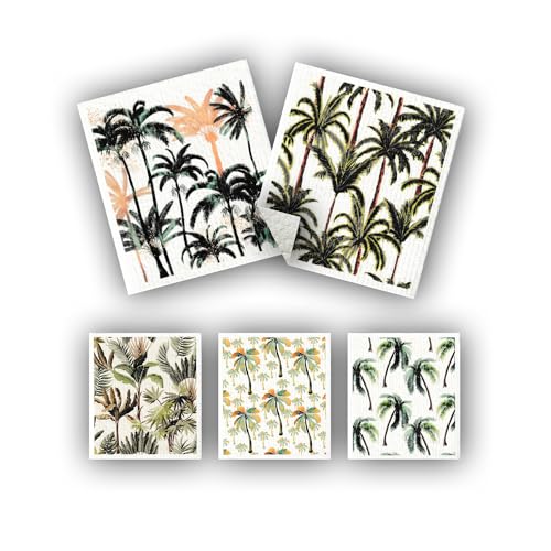 Swedish Dishcloths for Kitchen - Eco-Friendly Reusable Cleaning Cloths Alternative to Paper Towels - 100% Soft Organic Cotton Biodegradable Washable Cellulose Sponge Cloths (Palm Tree Designs, 5pc)