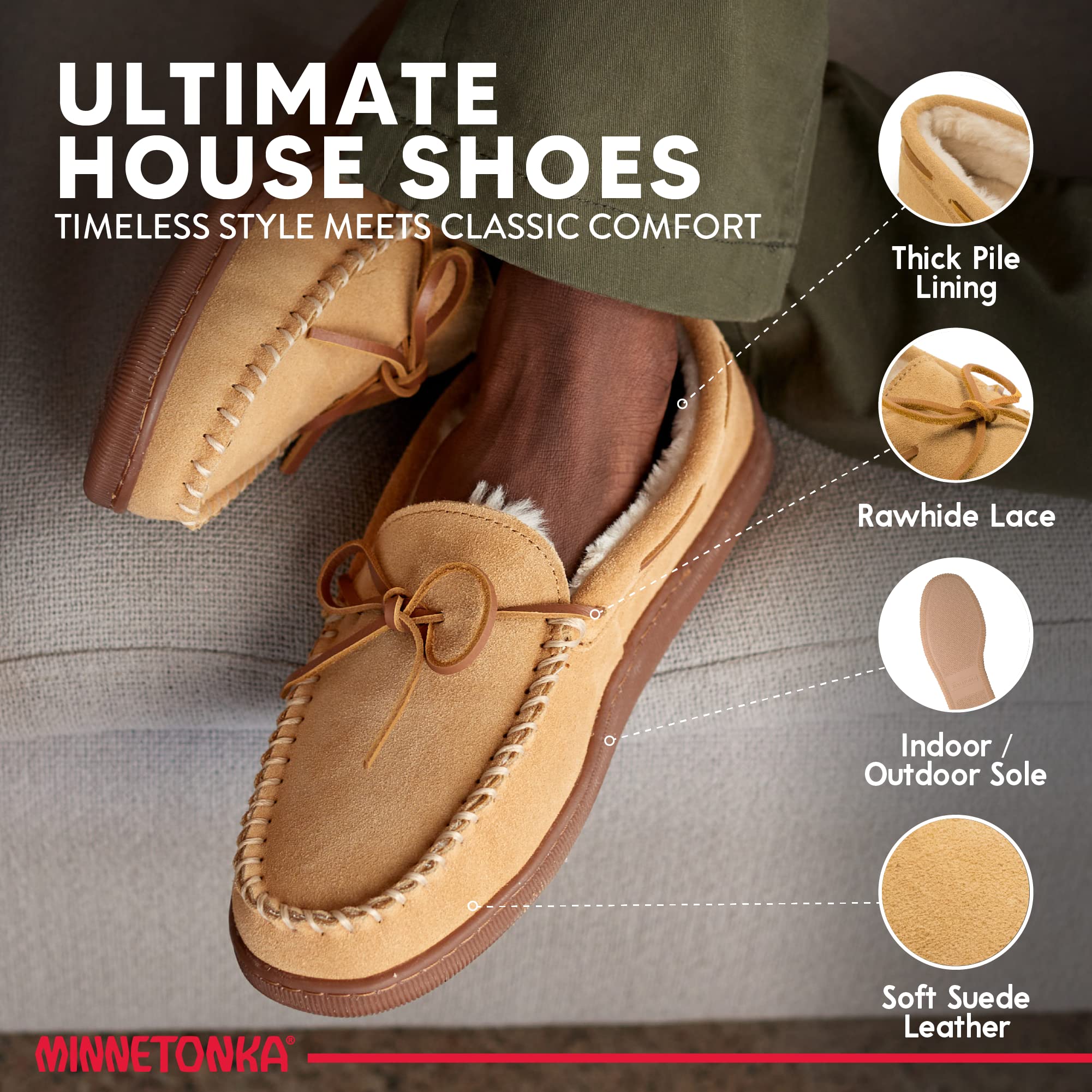 Minnetonka Mens Pile Lined Moccasin Slipper with Hard Soles Brown, 8.5