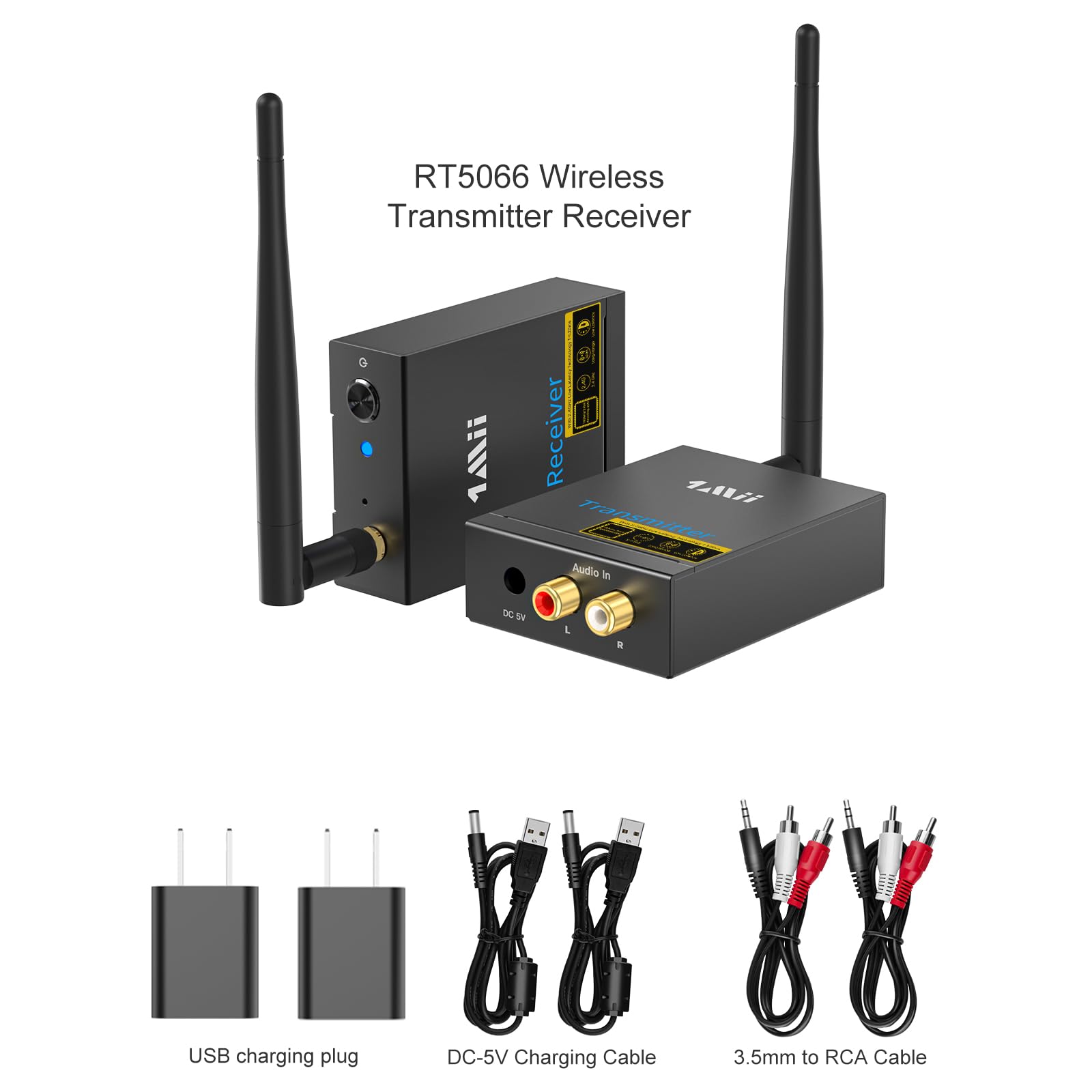 1Mii 2.4Ghz Wireless Audio Transmitter Receiver for TV, 320ft Long Range 20ms Low Delay 192kHz/24bit HiFi Audio, Wireless Adapter Kit for Subwoofer/Powered Speaker/Stereo/Soundbar, RCA(3.5mm)Out/input