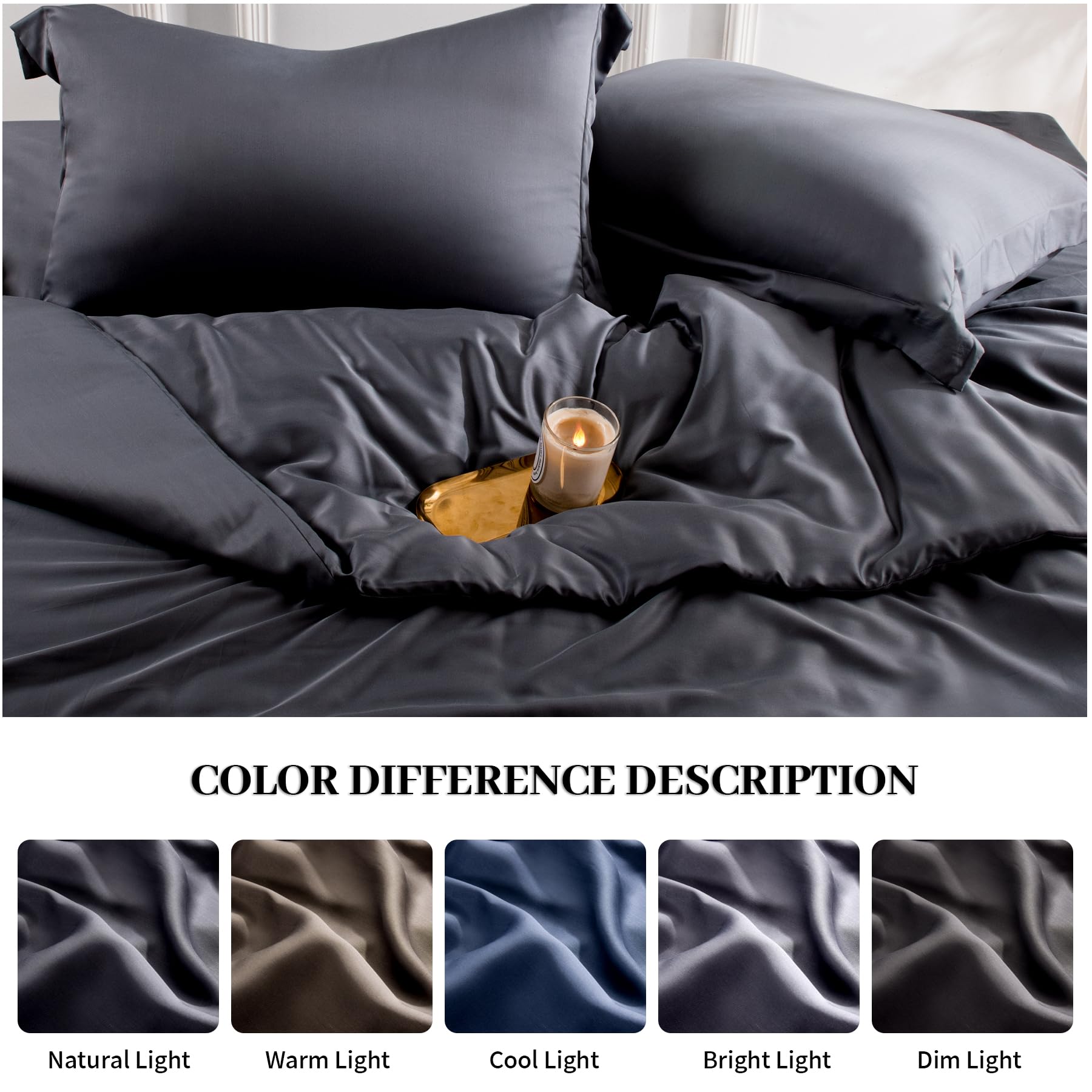 NEXHOME PRO Duvet Cover Set King - Lightweight Organic Viscose from Bamboo Cooling Duvet Cover for Hot Sleepers 104"x90" 3pcs Breathable Dark Grey Bedding with Corner Ties,Zipper Closure,No Insert
