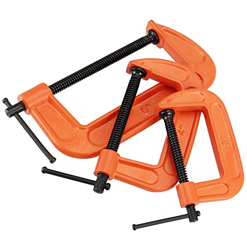 3 Pcs 3 Sizes C Clamp Set, 3" 4" 6" Jaw Opening Small C Clamp Kit, Malleable Iron Mini G Clamp for Woodworking, Orange