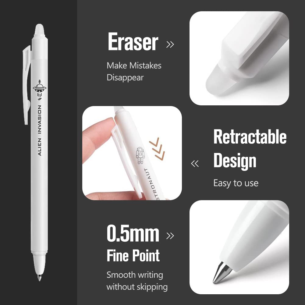 DRMAVI Cute Erasable Pens black,Gel Pens Erasable,Retractable Astronaut Pen with Eraser,Fine Point 0.5mm,White Barrel,Smooth Writing Pens for Note Taking,Journal,Planners (Blue ink)