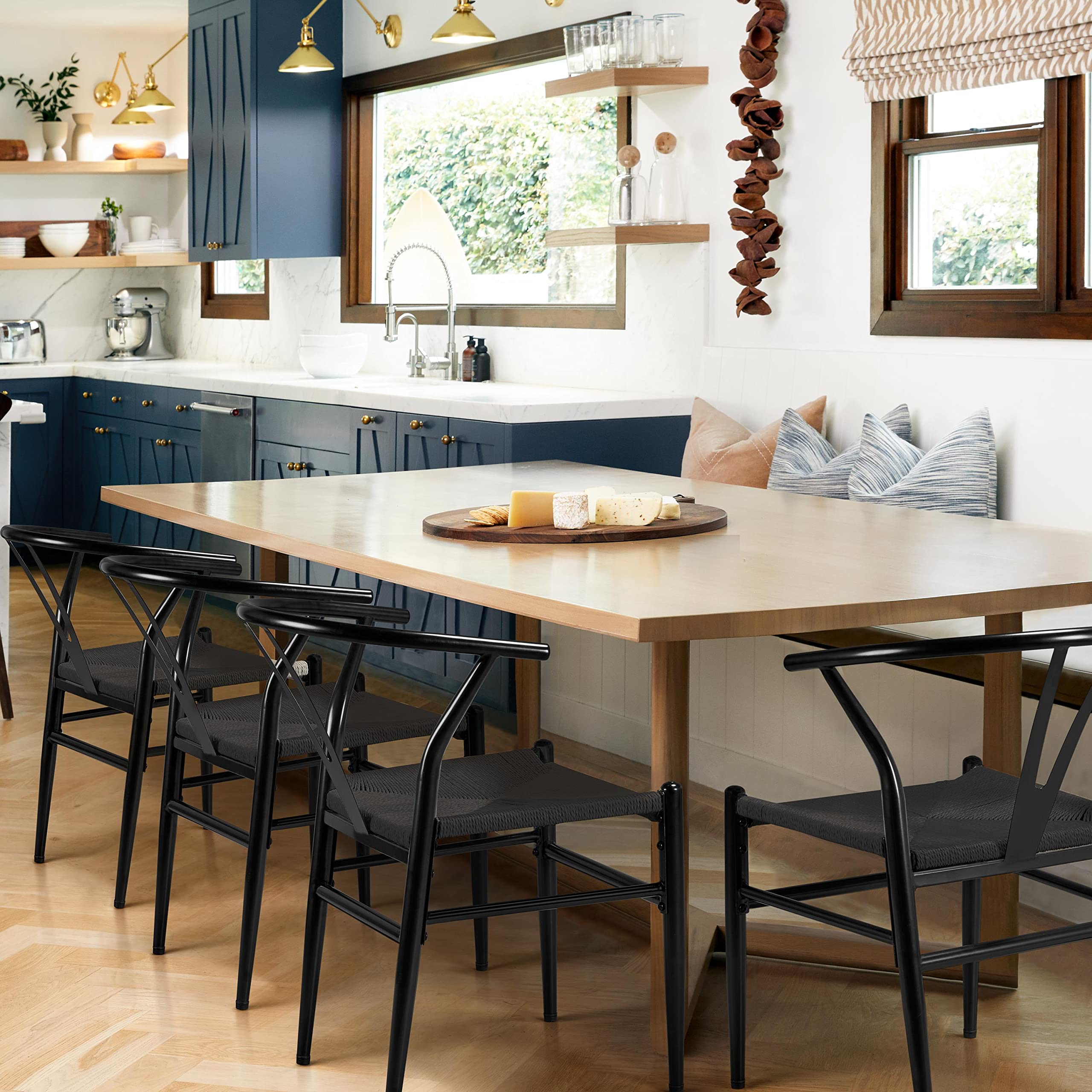 Yaheetech Set of 4 Weave Chair Mid-Century Metal Dining Chair Y-Shaped Backrest Hemp Seat, Large Black
