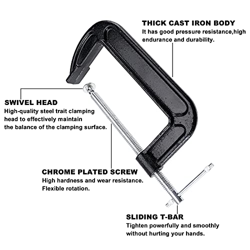 Tysun 4 Pcs 6 Inch C Clamp Set, Up to 6 Inch Jaw Opening, 2-5/8 Inch Throat Depth Heavy Duty C-Clamps for Woodworking Welding and Building