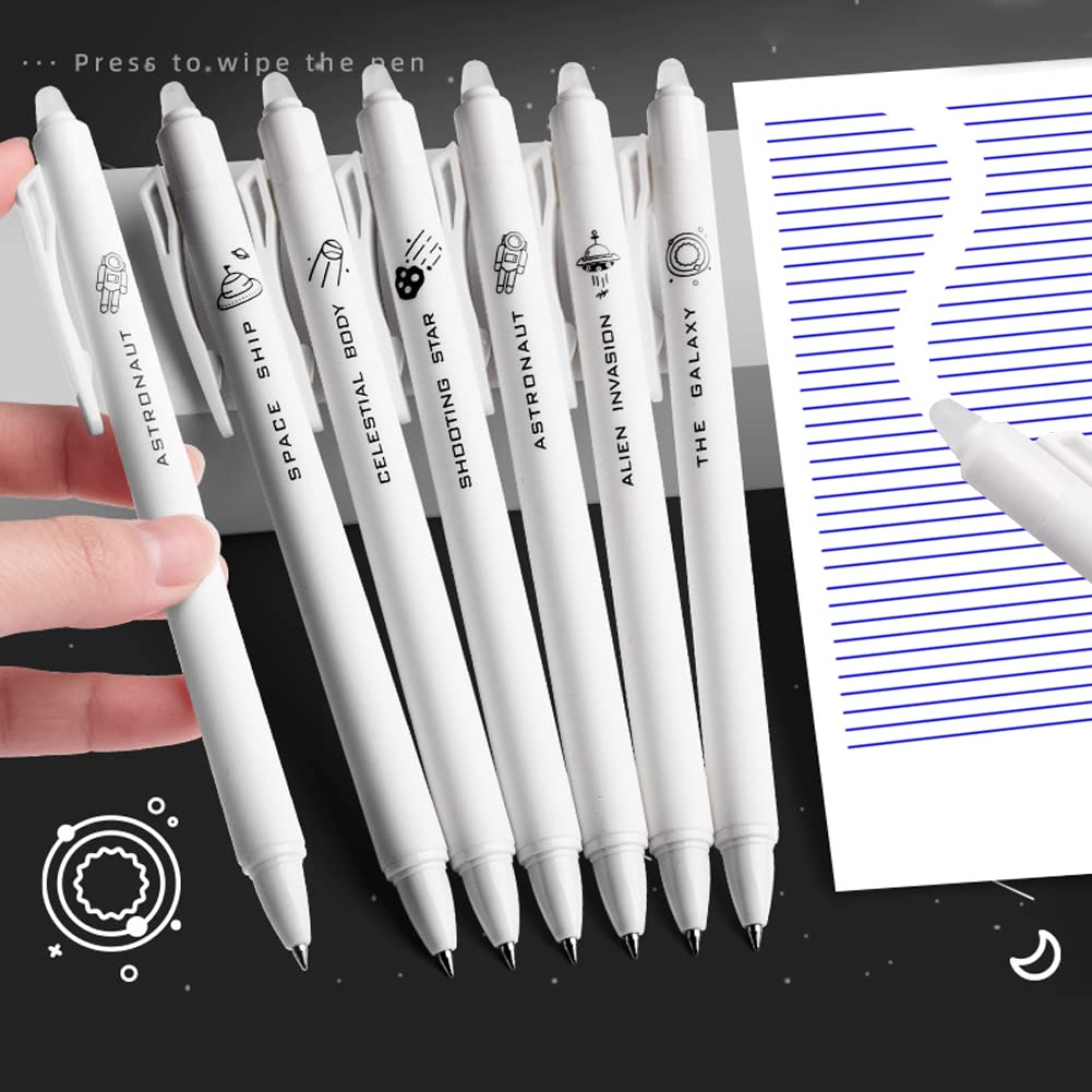 DRMAVI Cute Erasable Pens black,Gel Pens Erasable,Retractable Astronaut Pen with Eraser,Fine Point 0.5mm,White Barrel,Smooth Writing Pens for Note Taking,Journal,Planners (Blue ink)