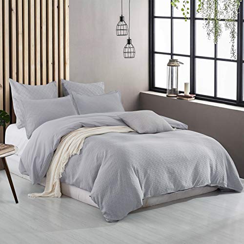 David's Home Cotton Blended Duvet Cover Set King, Ultra Soft Cozy Check Gingham Comforter Cover Set, Yarn Dyed Geometry Plaid Bedding 3 PCS for All Season, 106"x92", Light Grey