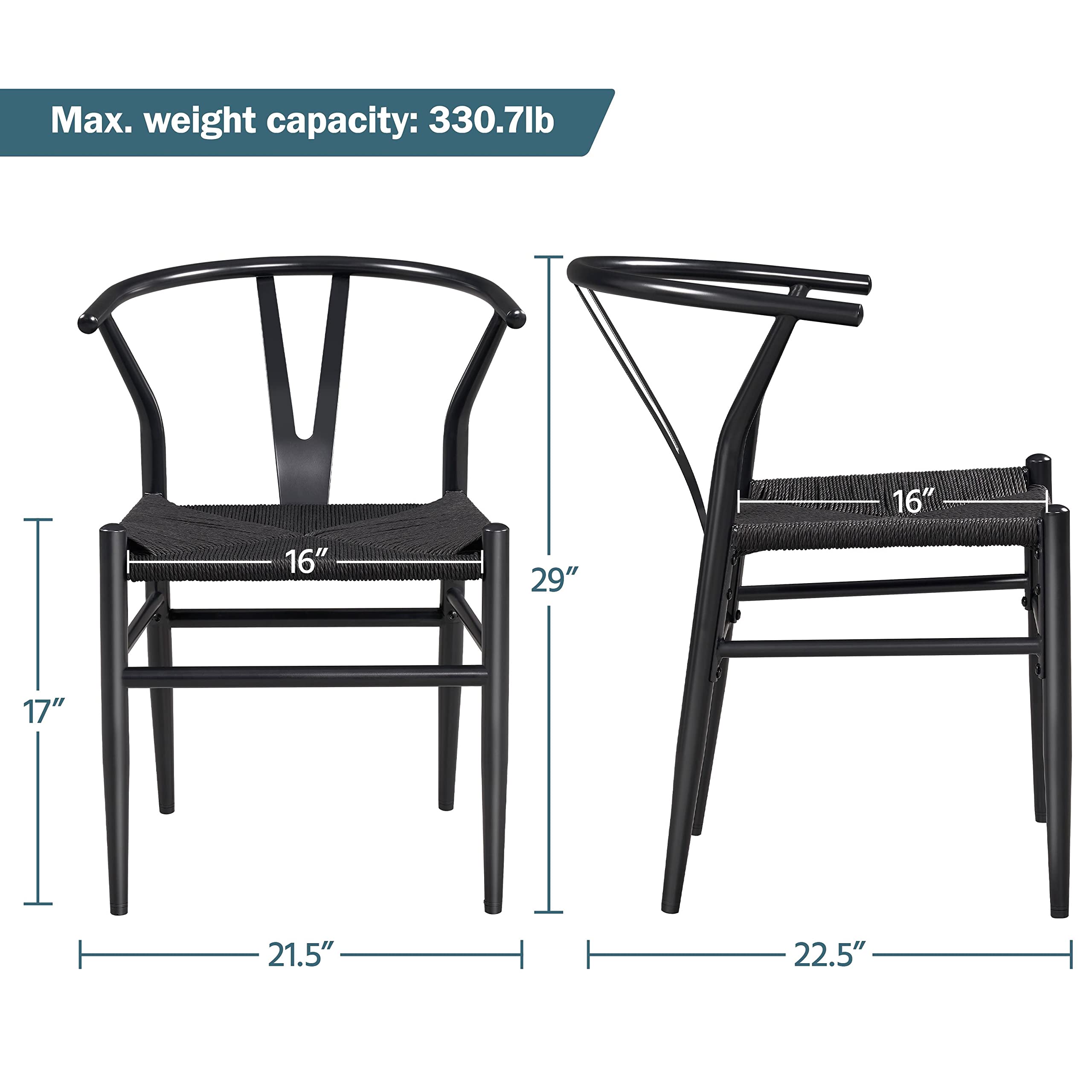 Yaheetech Set of 4 Weave Chair Mid-Century Metal Dining Chair Y-Shaped Backrest Hemp Seat, Large Black