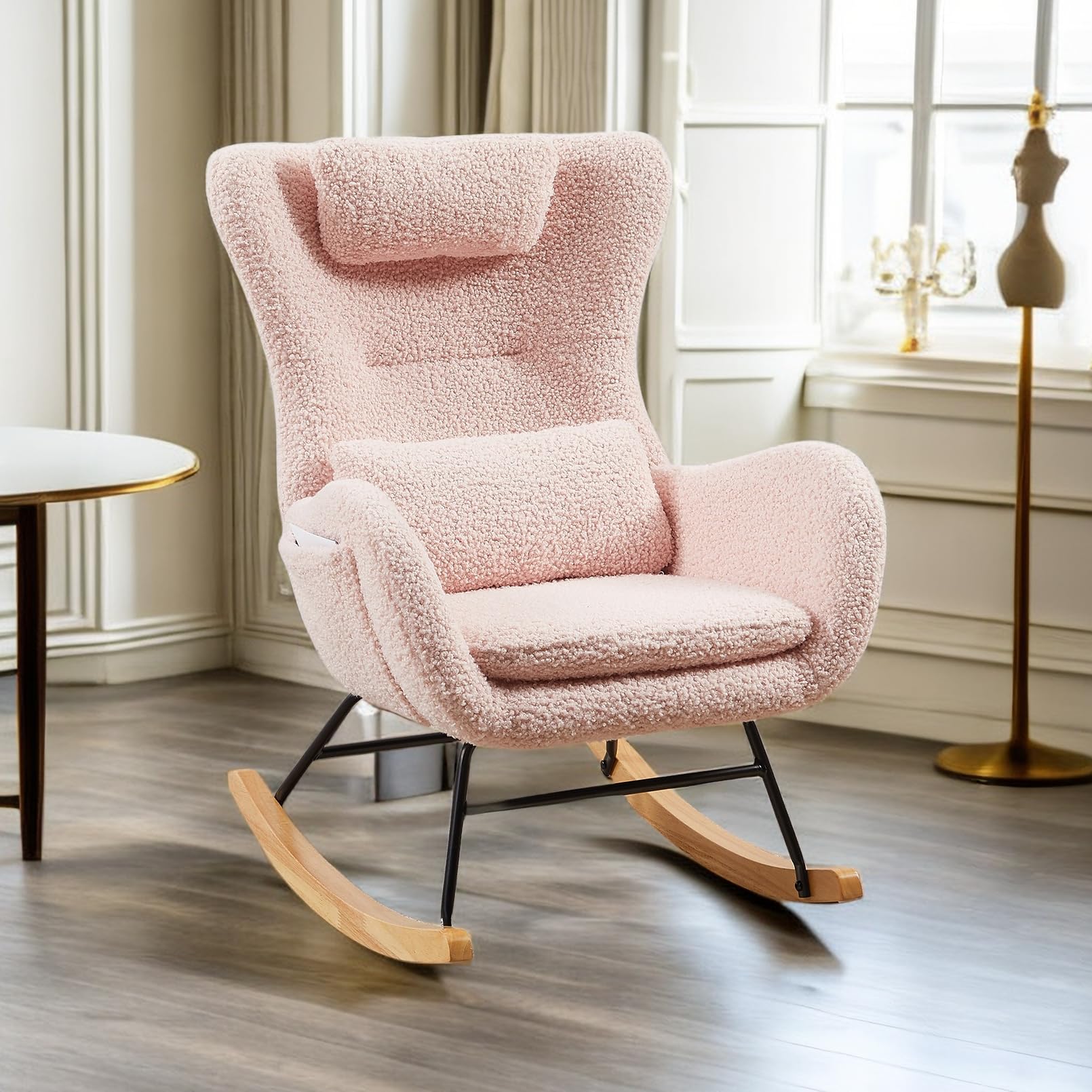 TMEOSK Small Rocking Chair Nursery, Modern Rocking Chair with Side Pockets and High Backrest, Comfy Accent Glider Chair with Headrest and Lumbar Pillow for Living Room, Bedroom (Pink)