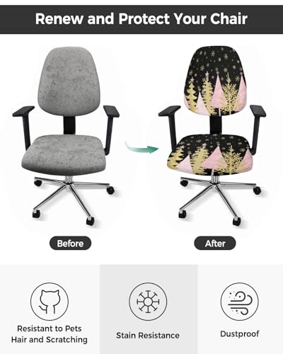 Christmas Tree Office Chair Cover Stretchable Computer Chair Seat Cover Backrest Slipcovers, Stretchable Rotating Desk Chair Seat Cushion Split Protectors Snowflake Gold Pink Modern Geometric