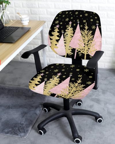 Christmas Tree Office Chair Cover Stretchable Computer Chair Seat Cover Backrest Slipcovers, Stretchable Rotating Desk Chair Seat Cushion Split Protectors Snowflake Gold Pink Modern Geometric