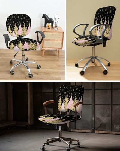 Christmas Tree Office Chair Cover Stretchable Computer Chair Seat Cover Backrest Slipcovers, Stretchable Rotating Desk Chair Seat Cushion Split Protectors Snowflake Gold Pink Modern Geometric