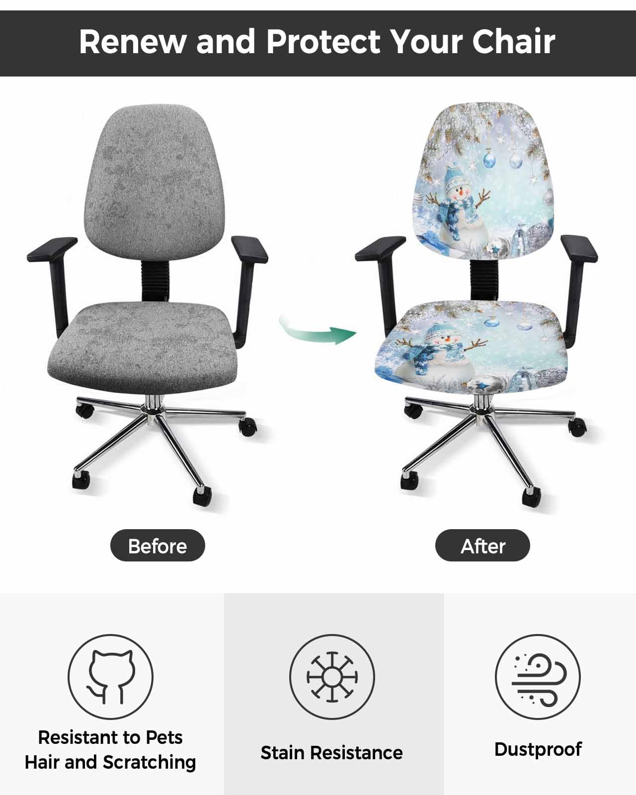 Christmas Snowman Office Chair Cover Stretchable Computer Chair Seat Cover Backrest Slipcovers, Stretchable Rotating Desk Chair Seat Cushion Split Protectors Silver Xmas Ball Pine Tree Leaves