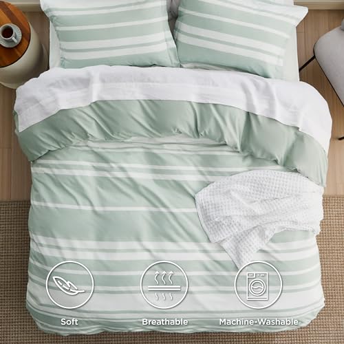 Bedsure Queen Duvet Cover Sage Green Striped - Super Soft Cationic Dyed Duvet Cover for Kids with Zipper Closure, 3 Pieces, No Comforter(90"x90")