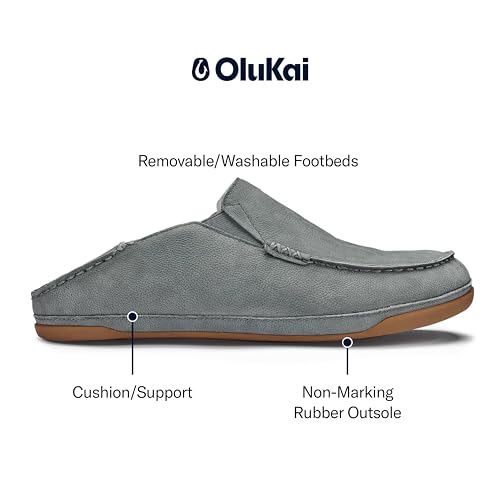OLUKAI Kipuka Hulu Men's Leather Slippers, Premium Nubuck Leather Slip On Shoes, Shearling Lining & Gel Insert, Drop-In Heel Design, Charcoal/Charcoal, 11