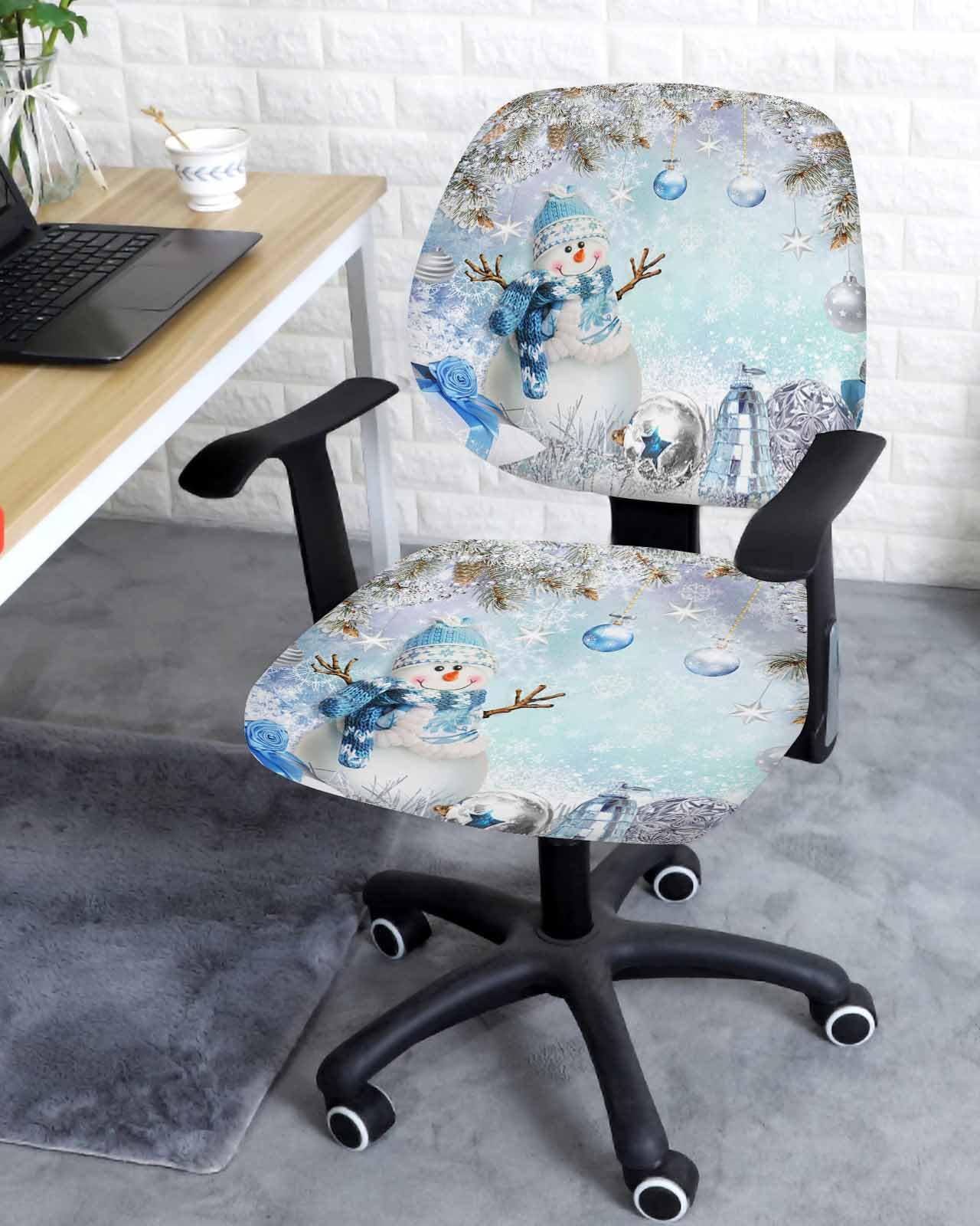 Christmas Snowman Office Chair Cover Stretchable Computer Chair Seat Cover Backrest Slipcovers, Stretchable Rotating Desk Chair Seat Cushion Split Protectors Silver Xmas Ball Pine Tree Leaves
