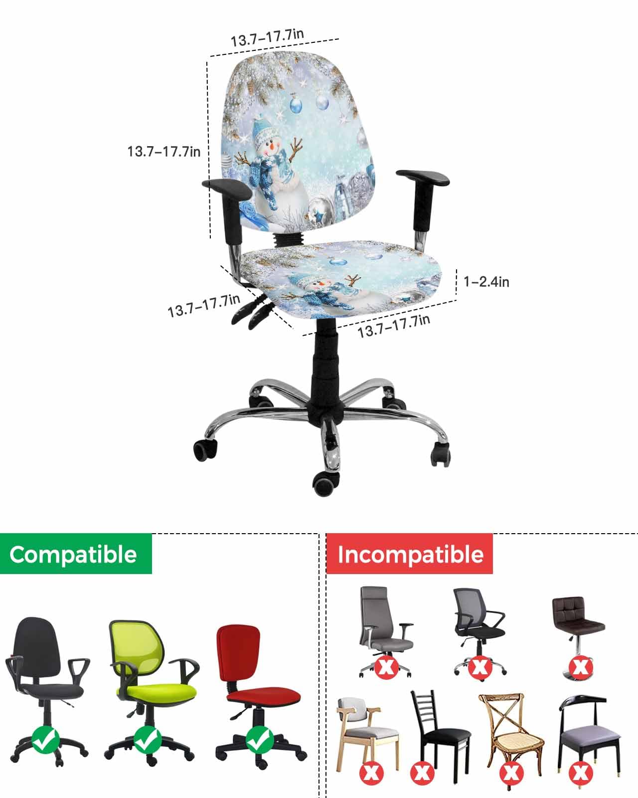 Christmas Snowman Office Chair Cover Stretchable Computer Chair Seat Cover Backrest Slipcovers, Stretchable Rotating Desk Chair Seat Cushion Split Protectors Silver Xmas Ball Pine Tree Leaves