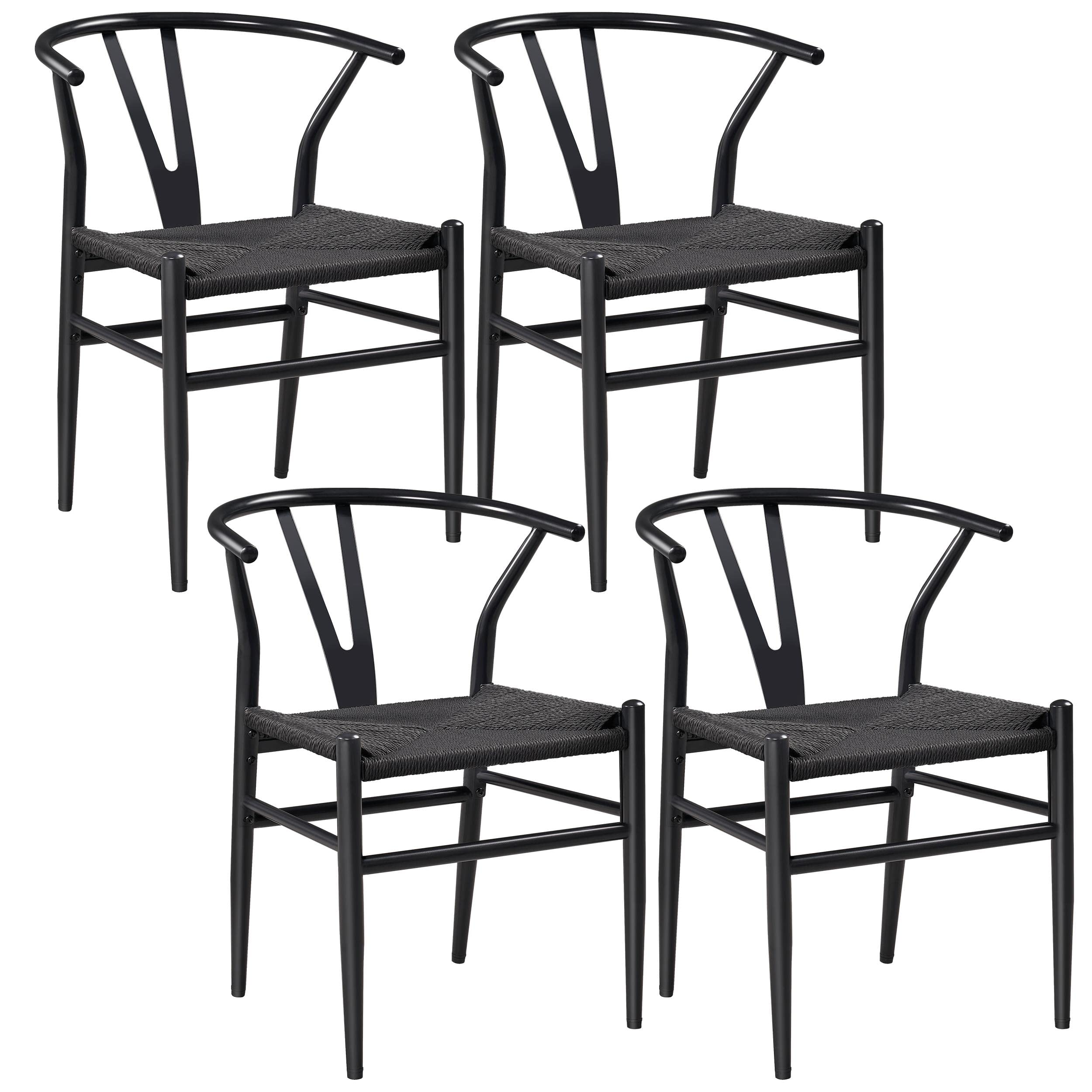 Yaheetech Set of 4 Weave Chair Mid-Century Metal Dining Chair Y-Shaped Backrest Hemp Seat, Large Black