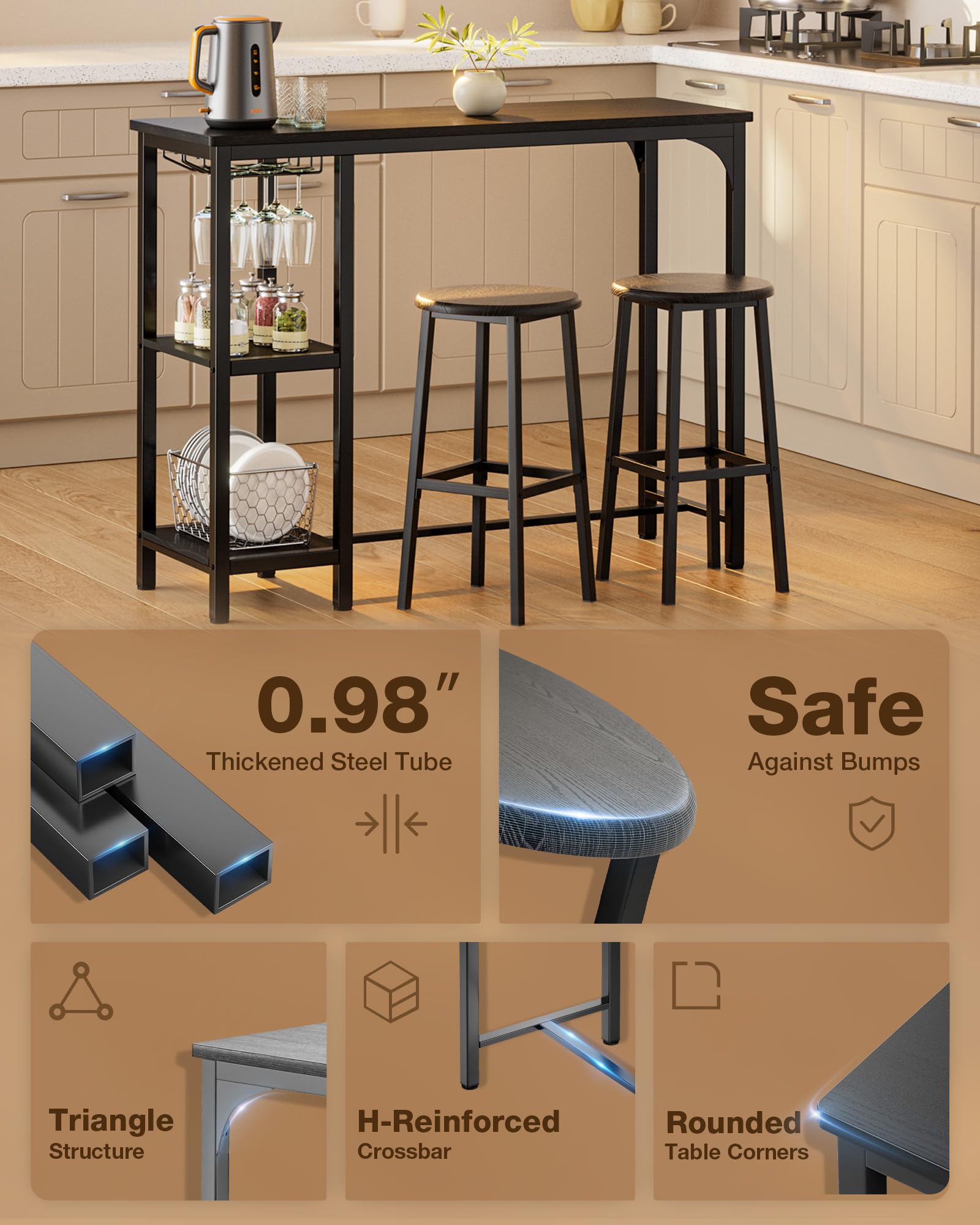 Qsun Small Bar Table Set for 2, Bar Table with Stools, Kitchen Table for 2 with 2 Storage Shelves & Wine Glass Holder, Small Dining Table for Small Apartment, Dining Room, Black