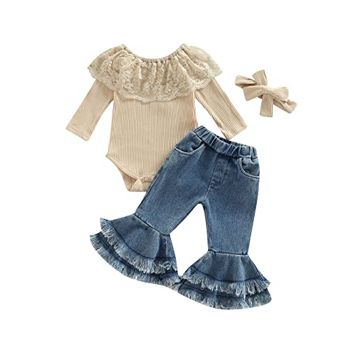 Vintage Baby Girl Clothes Infant Lace Onesie Ribbed Romper+Ruffle Flare Jeans+Headband Boho Spring Outfit (A Lace Oneise+Flare Jeans,0-6 Months)
