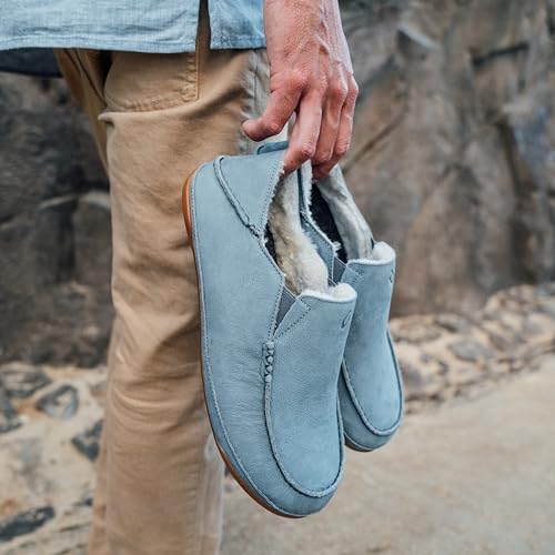 OLUKAI Kipuka Hulu Men's Leather Slippers, Premium Nubuck Leather Slip On Shoes, Shearling Lining & Gel Insert, Drop-In Heel Design, Charcoal/Charcoal, 11