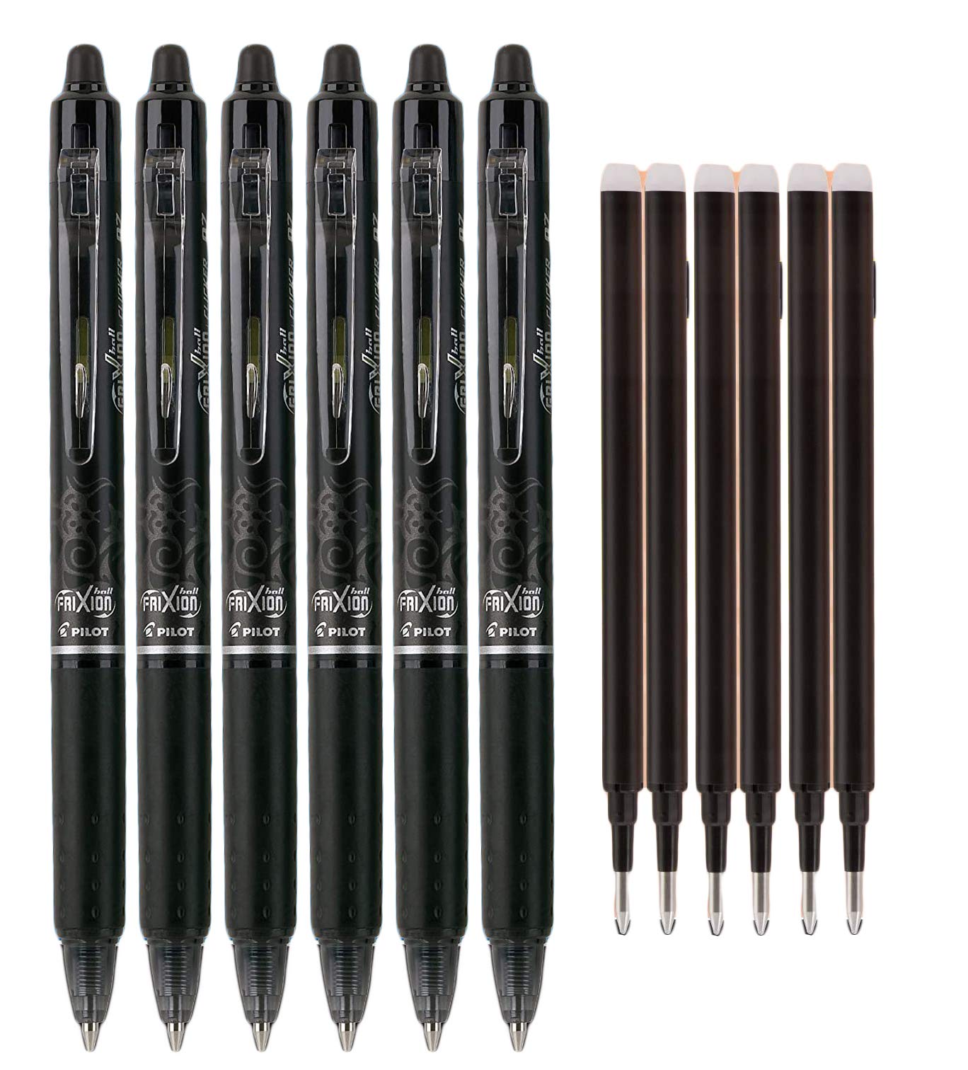 Pilot FriXion Clicker Retractable Erasable Gel Pens, Fine Point, Black Ink, 6-Pack (31460) with 6 Black Ink Refills