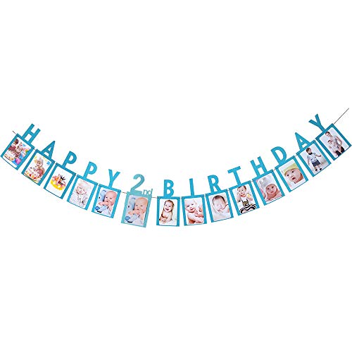Happy 2nd Birthday Photo Party Banner, Blue Sign Garlands for Baby Boy's/Girl's 2nd Birthday Party Bunting Supplies Decorations