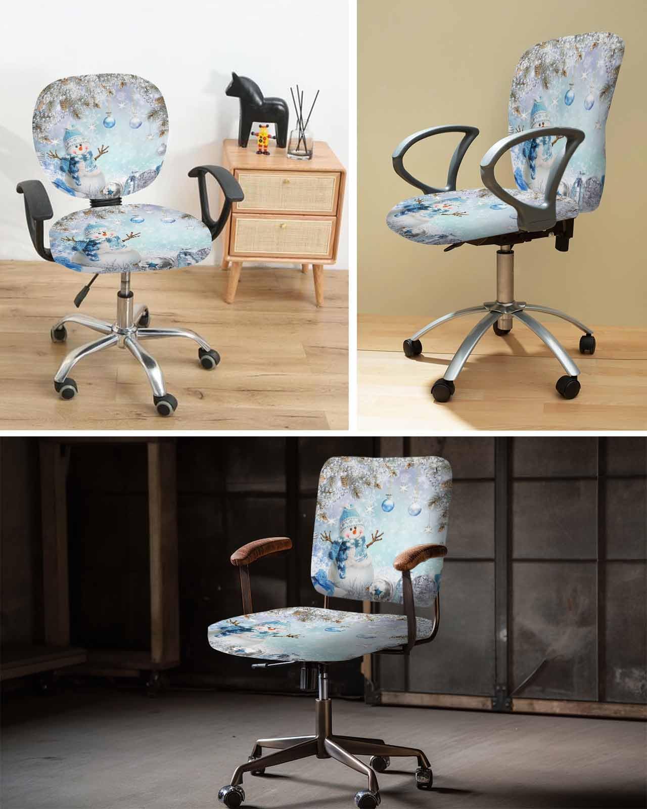 Christmas Snowman Office Chair Cover Stretchable Computer Chair Seat Cover Backrest Slipcovers, Stretchable Rotating Desk Chair Seat Cushion Split Protectors Silver Xmas Ball Pine Tree Leaves