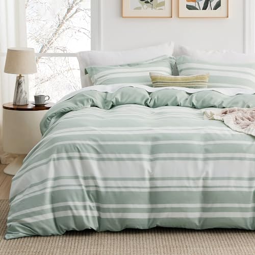 Bedsure Queen Duvet Cover Sage Green Striped - Super Soft Cationic Dyed Duvet Cover for Kids with Zipper Closure, 3 Pieces, No Comforter(90"x90")