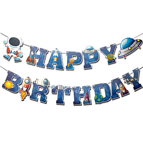 Outer Space Theme Birthday Banner Happy Birthday Signs with Astronaut Rocket UFO Spaceman Universe Planet Galaxy Funny Birthday Party Backdrop Hanging Decorations 16pcs