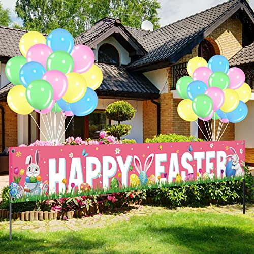 36 Pcs Happy Easter Banner and Balloons Decorations Set Large Fabric Happy Easter Yard Sign Banner Outdoor Spring Easter Themed Party Banner 35 Pcs Latex Balloons for Home Party Decoration 18 x 118 ft