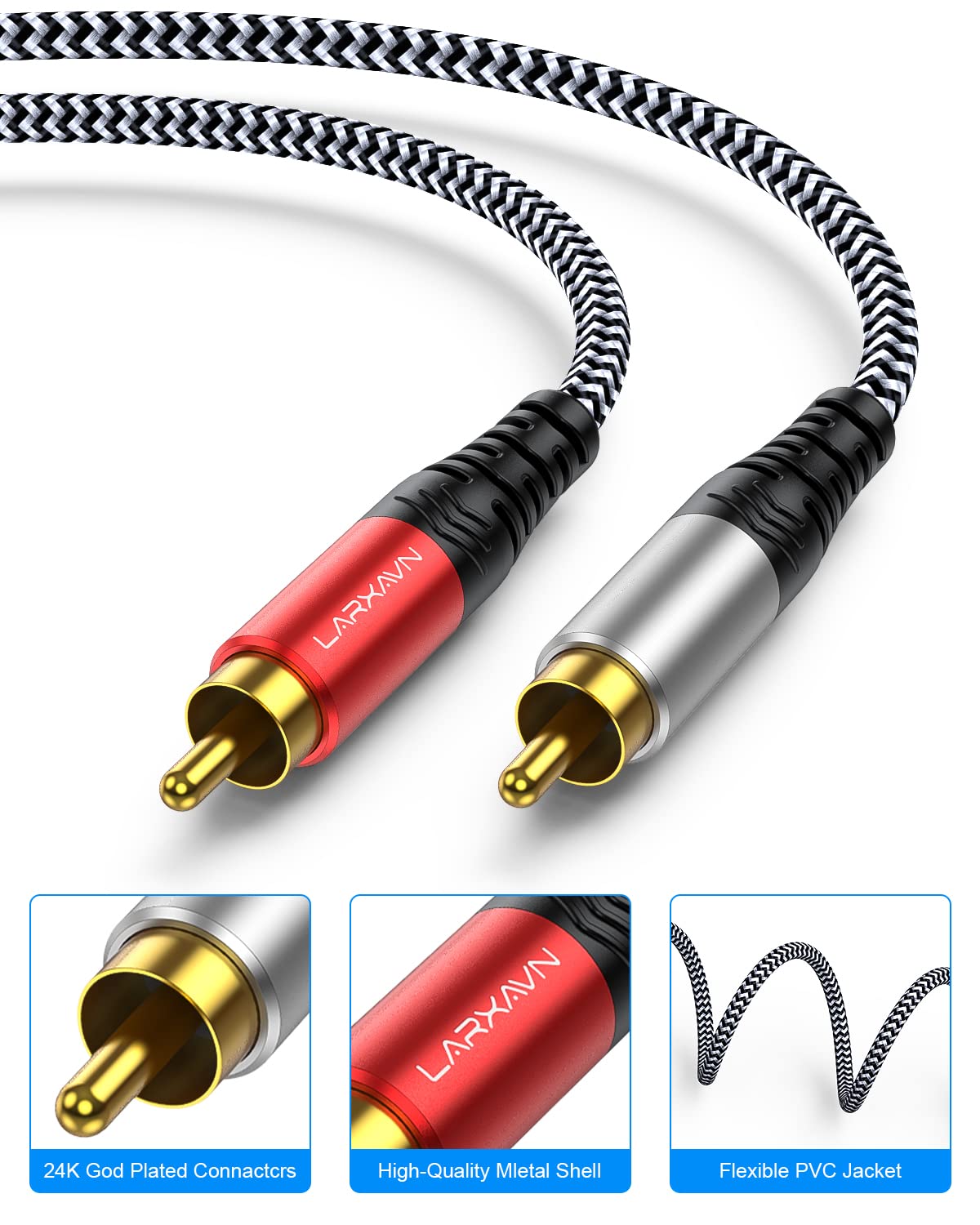 Larxavn RCA Cables, Hi-Fi Sound, Nylon Braided, Shielded RCA Audio Cable for Home Theater, HDTV, Amplifiers, Speakers- 5 Feet