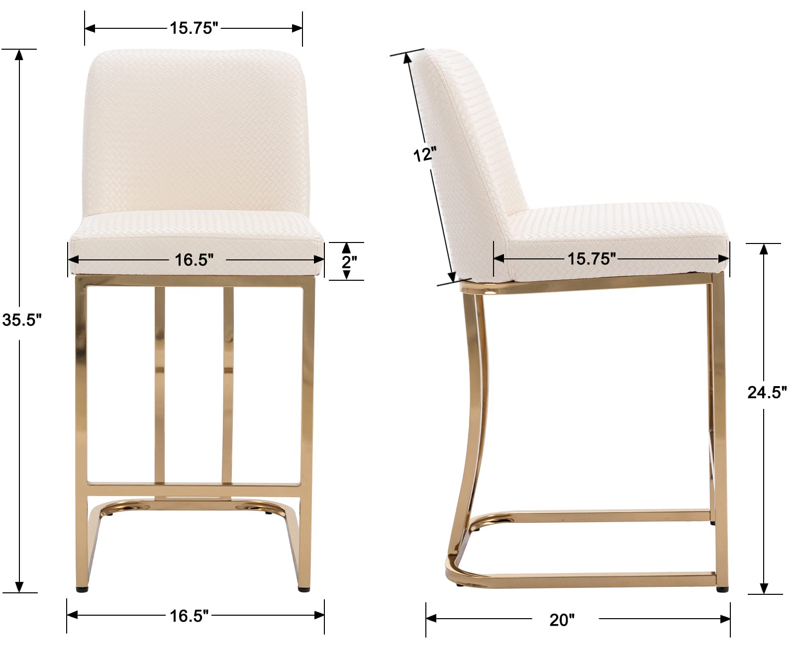 Wahson 24" H Gold Barstools Set of 2, Faux Leather Upholstered with Woven Counter Height Stools, Modern Fabric Bar Stools for Kitchen Island/Dining Room, with Golden Metal Frame, Beige