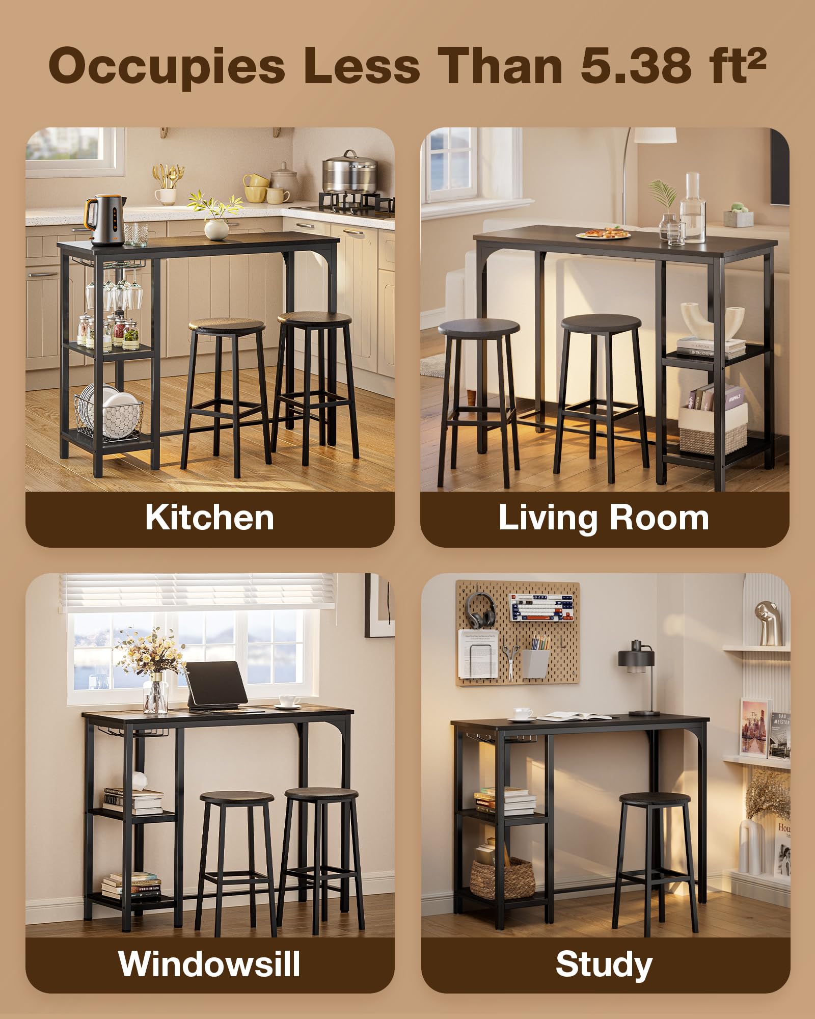 Qsun Small Bar Table Set for 2, Bar Table with Stools, Kitchen Table for 2 with 2 Storage Shelves & Wine Glass Holder, Small Dining Table for Small Apartment, Dining Room, Black