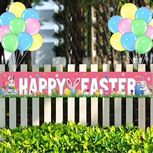 36 Pcs Happy Easter Banner and Balloons Decorations Set Large Fabric Happy Easter Yard Sign Banner Outdoor Spring Easter Themed Party Banner 35 Pcs Latex Balloons for Home Party Decoration 18 x 118 ft