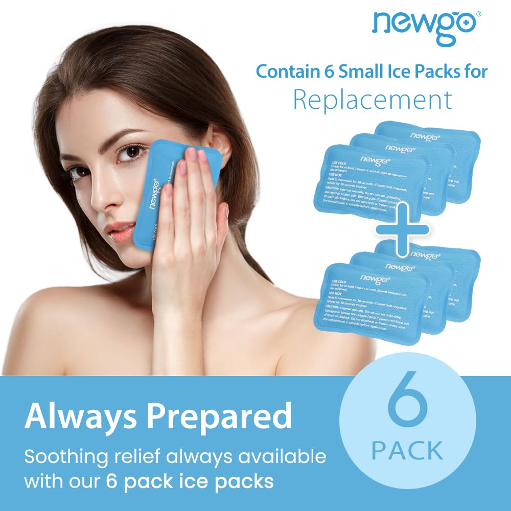 NEWGO Mini Ice Packs (6 Packs) Gel Cold Packs for Injuries Reusable, Face Ice Pack for Face Surgery, Teeth Pain, Tired Eyes, Kid's Boo Boos, Bruises, Headaches,Breastfeeding 4.5"X 3.2" Blue